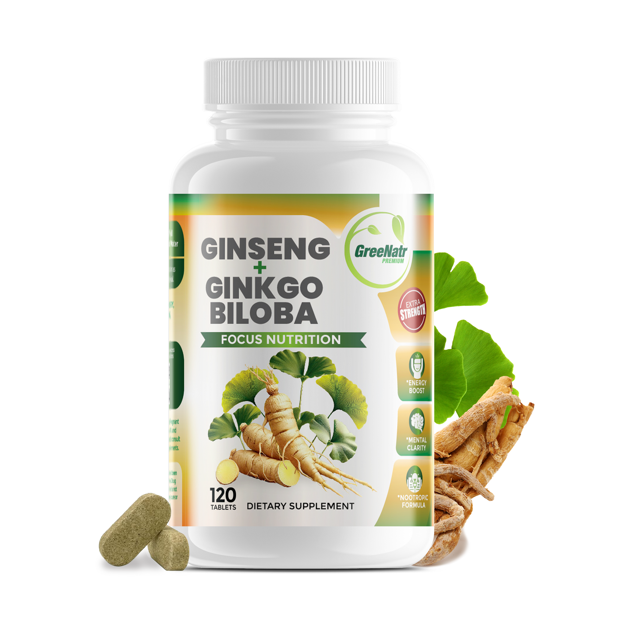 Energy & Focus Supplement | Panax Ginseng & Ginkgo Biloba | 120 Tablets