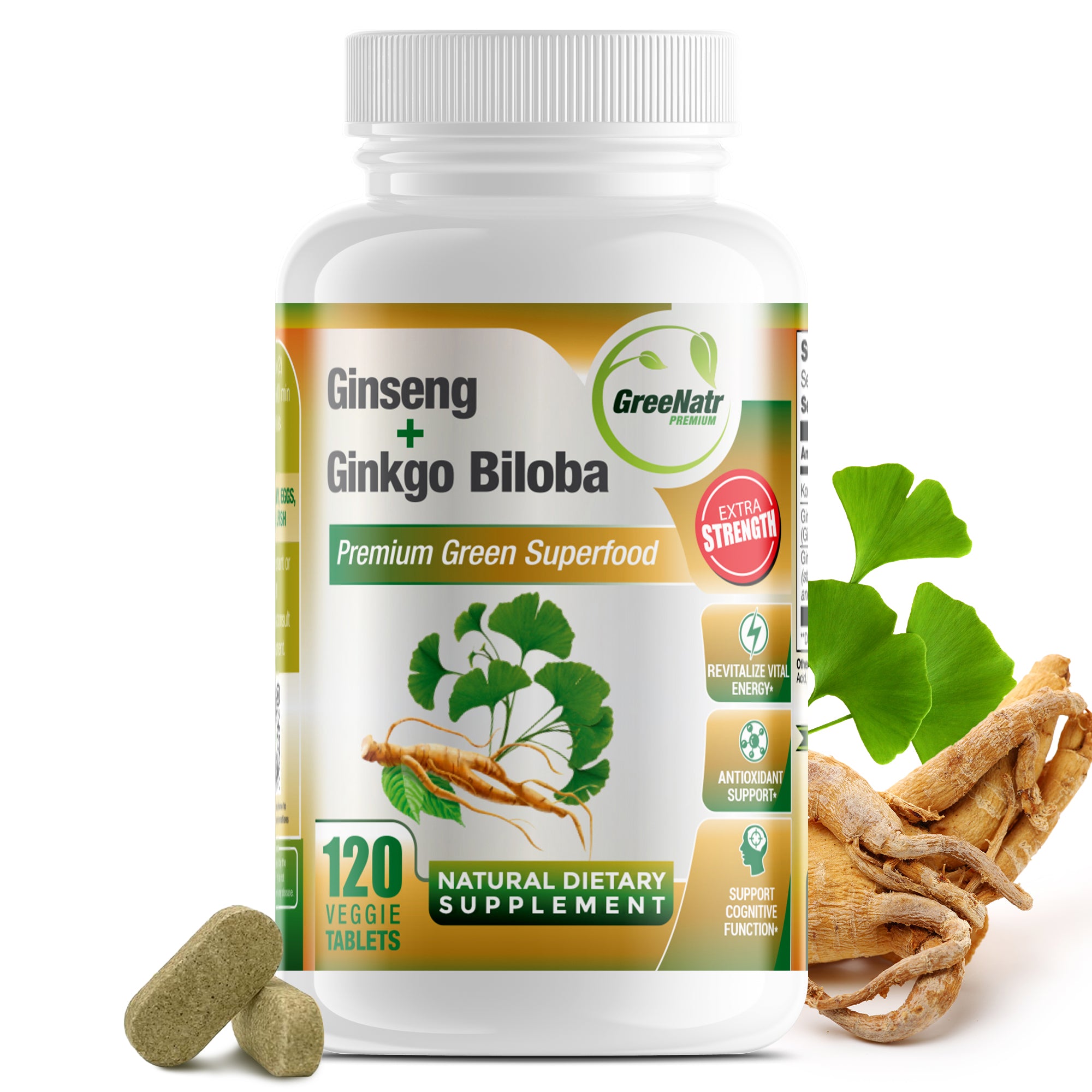Energy & Focus Supplement | Panax Ginseng & Ginkgo Biloba | 120 Tablets ...